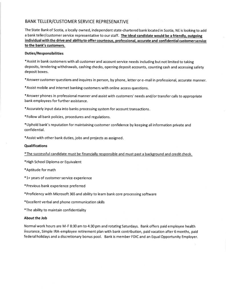Bank job description - State Bank of Scotia